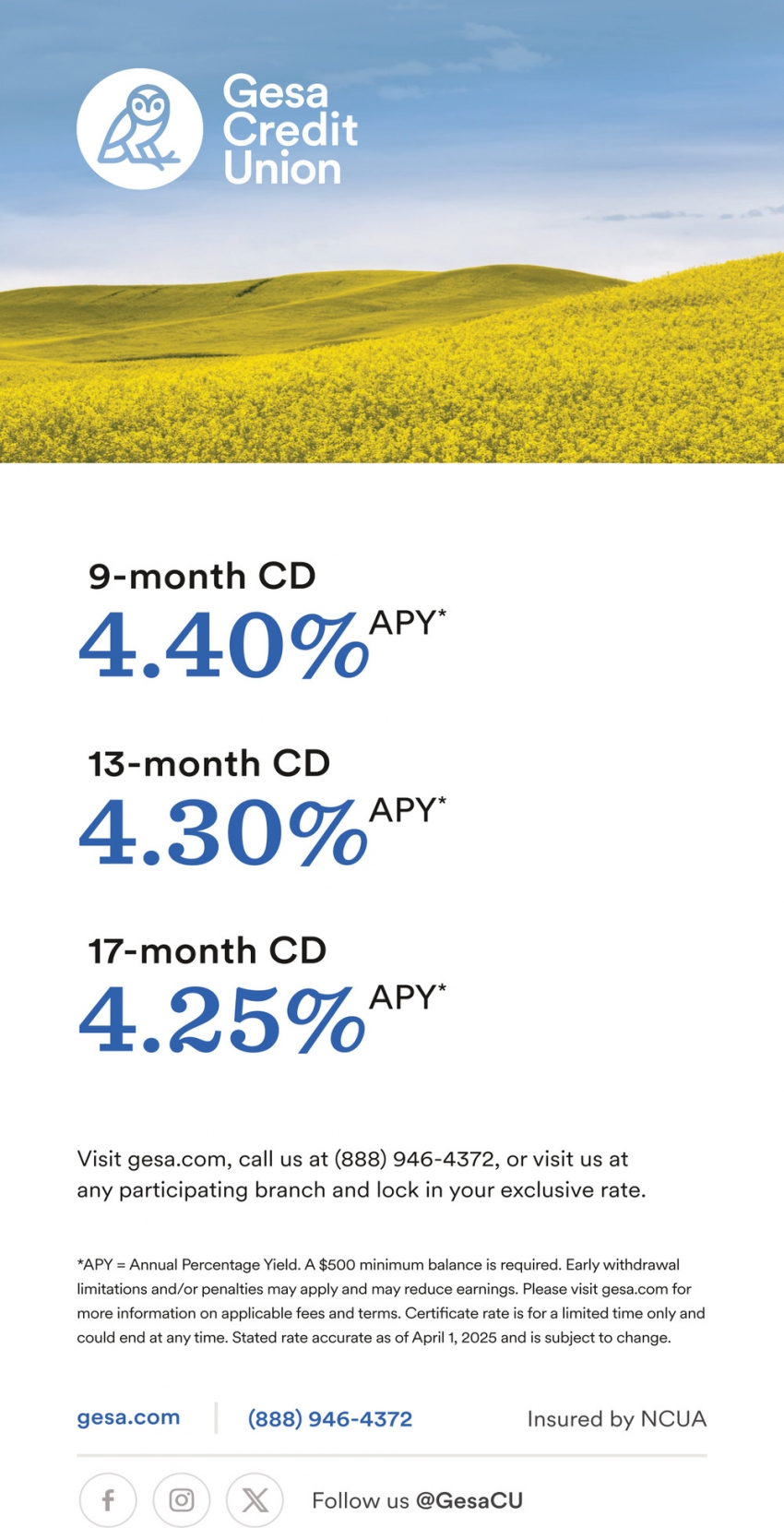 9-Month CD 4.40% APY*, Gesa Credit Union, Pullman, WA