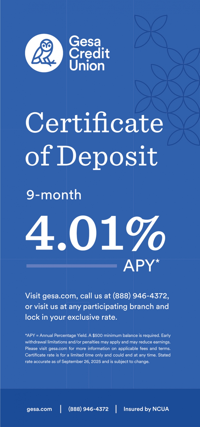 Certificate of Deposit, Gesa Credit Union, Pullman, WA